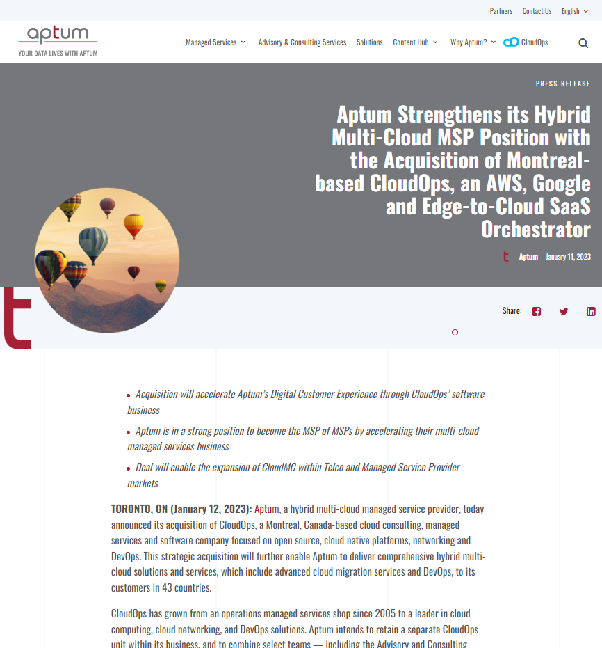 CloudOps - Aptum Strengthens its Hybrid Multi-Cloud MSP Position with the Acquisition of ...