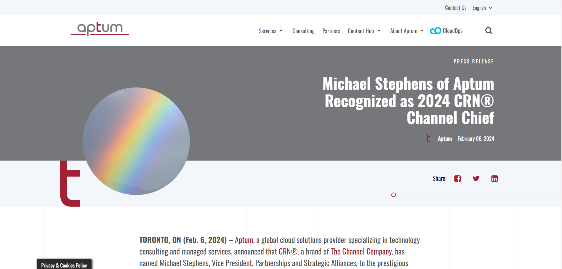 CloudOps - Michael Stephens of Aptum Recognized as 2024 CRN® Channel Chief